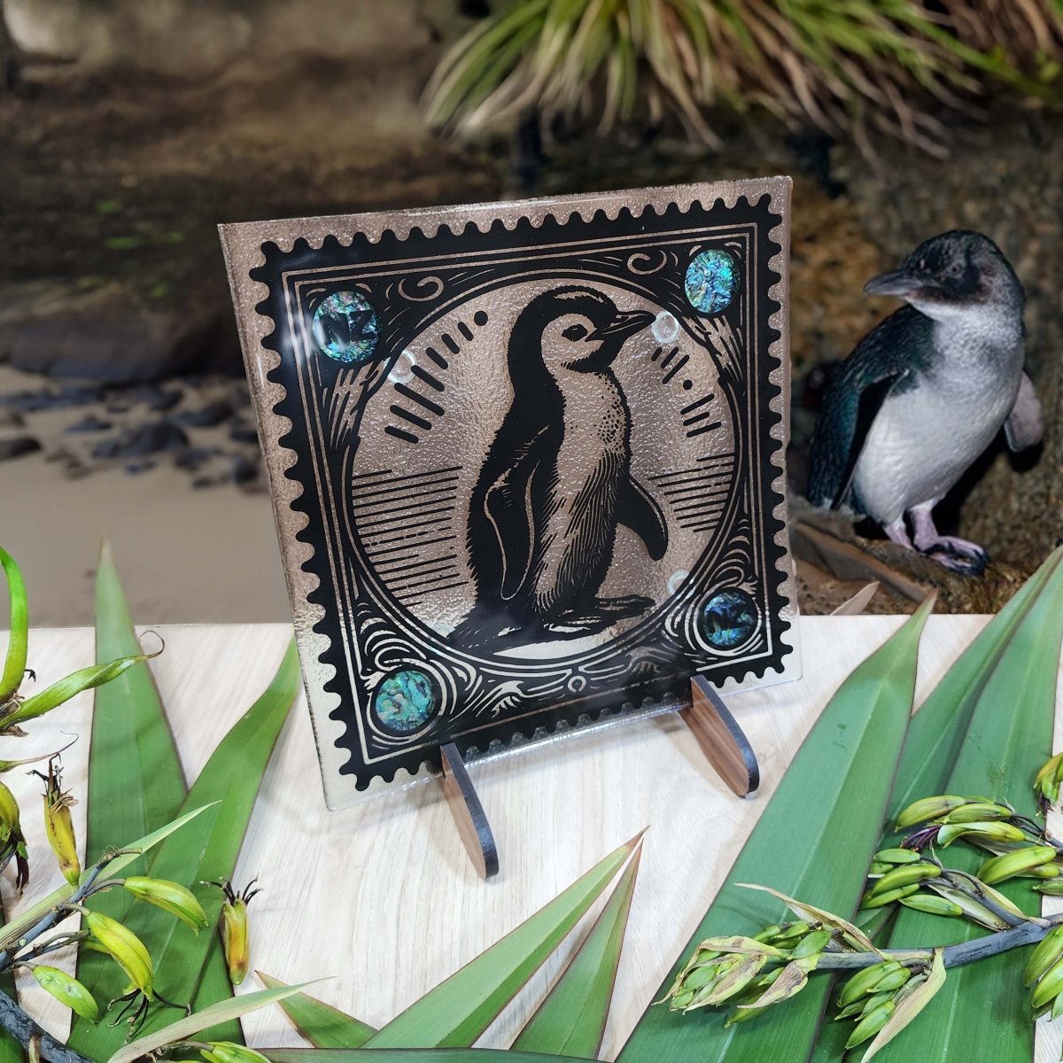 NZ Made Glass Paua Platter/Plate -Stamped Little Penguin - w/stand ...