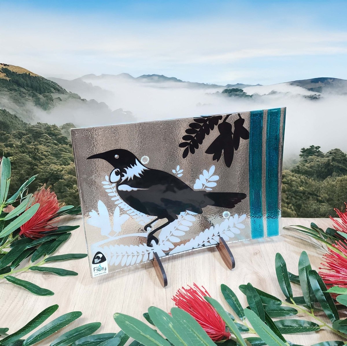 NZ Made Glass Platter/Plate - Native Tui/Kowhai - Blk/Wht/Aqua w/stand ...